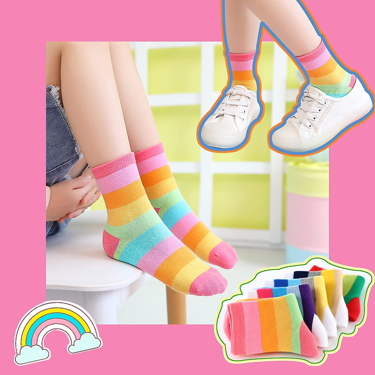 Marchare Girls Seamless Crew Cotton Socks Kids Casual Socks School Socks Rainbow Stripes Color A 5 Pack 6-8 Years