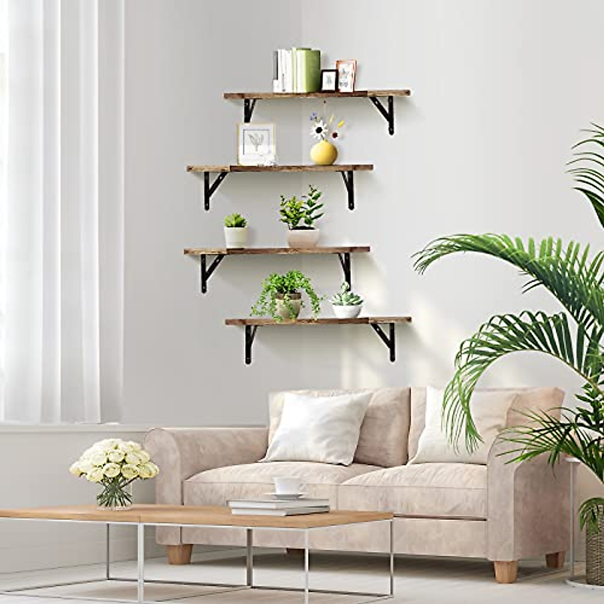 EACHPAI Corner Floating Shelves Wall Mounted Set of 4, Rustic Wood Wall Storage Shelves for Bedroom, Living Room, Bathroom, Kitchen, Office and More…