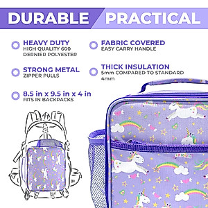 Bento Box with Insulated Lunch Bag, Ice Pack & Water Bottle Set for Kids - 5 Leakproof Compartments, Lunches or Snack Container Girls, Toddlers Daycare Pre-School, Kindergarten Purple Unicorn
