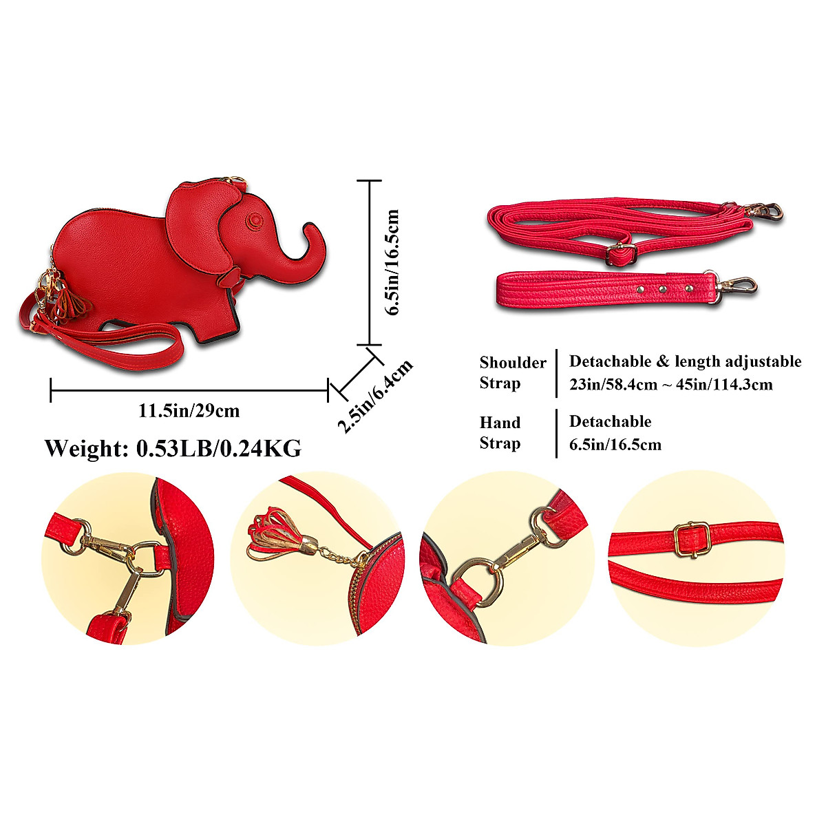 XACKWUERO Cute PU Leather Shoulder Bag Fashion Elephant Purse Novelty Animal Shaped Purse Elephant Gifts for Women (Red)