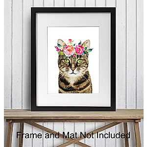 Tabby Cat Wall Art Decor - Kitten, Kitty, Cat Lover Gifts for Women - Cute Floral Wall Art Poster - Adorable Room Decoration for Girls Bedroom, Kids Room, Living Room, Baby Nursery