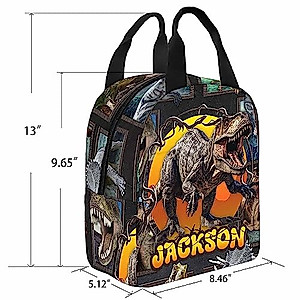 InterestPrint Customized Boys Bookbag with Lunch Bag, Personalized Grey Framed Dino Knapsack Backpack Custom Backpack and Lunch Box for Son Grandson Nephew Birthday