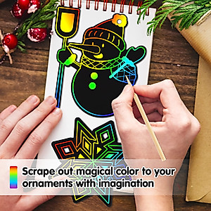 Mocoosy 48 Christmas Scratch Art Ornaments, Christmas Crafts Kits for Kids Rainbow Magic Scratch Paper Cards Xmas Hanging Ornaments Decorations DIY Winter Holiday Party Favors Set