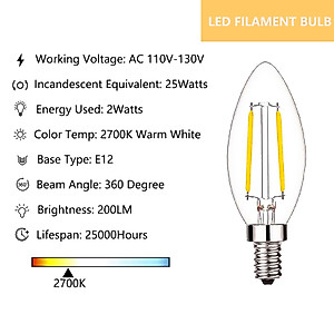 Sunaiony LED Candelabra Bulbs 25Watt Equivalent, B11 LED Bulb 2W Warm White 2700K E12 Base, Dimmable Edison Chandelier Light Bulbs, LED Type B Bulb, 8 Pack