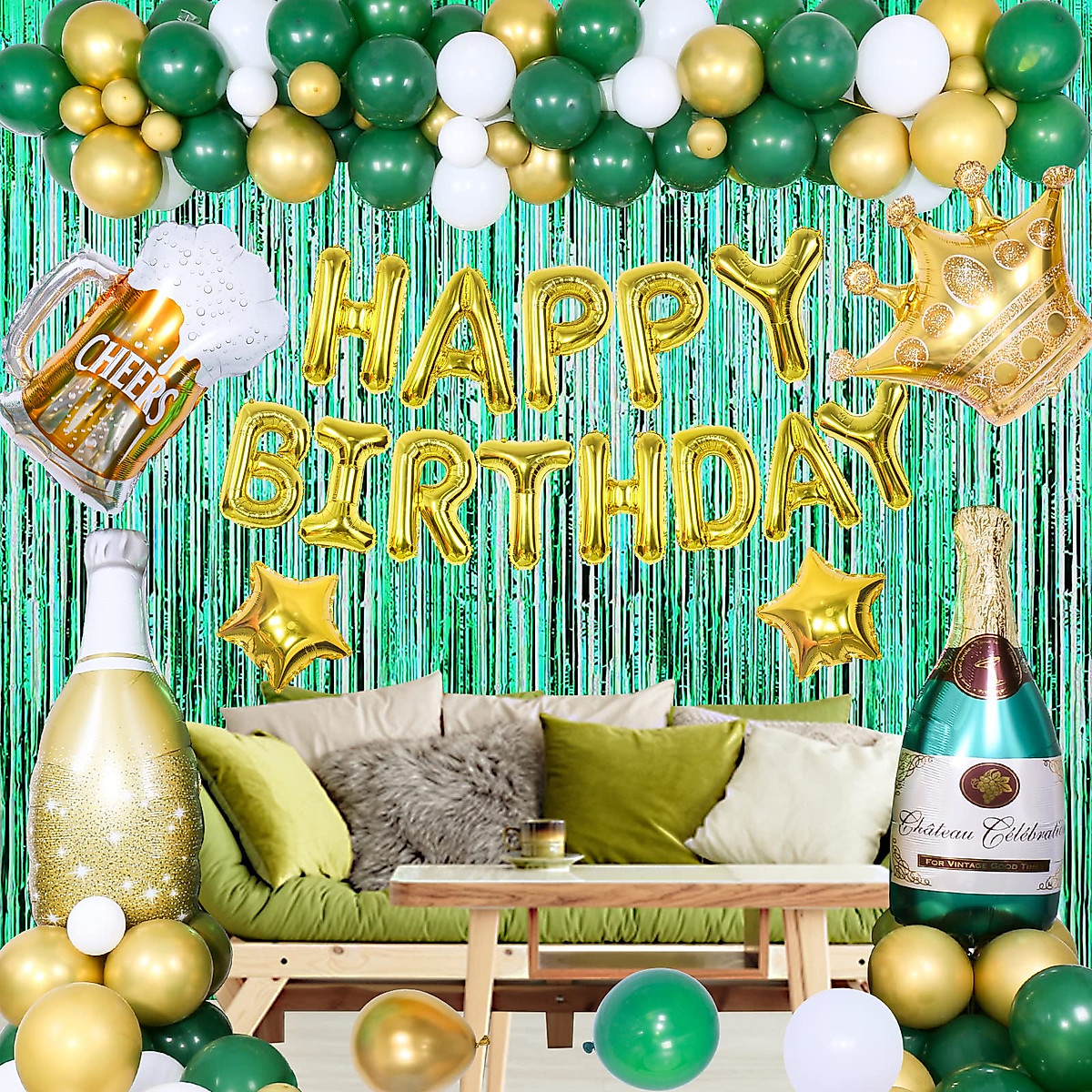Green and Gold Birthday Party Decorations for Men Women Girls 145pcs Birthday Party Supplies Green Garland Kit Gold Happy Birthday Banner with Green Gold White Champagne Beer Balloon Decorations