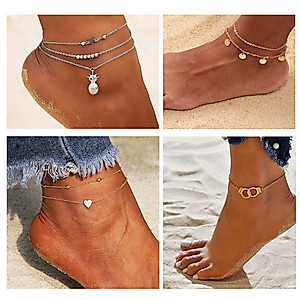 FUNEIA 12/16/30Pcs Ankle Bracelets for Women Gold Silver Rose Gold Charm Anklets Set for Teens Boho Layered Beach Adjustable Foot Chain Summer Beach Jewelry