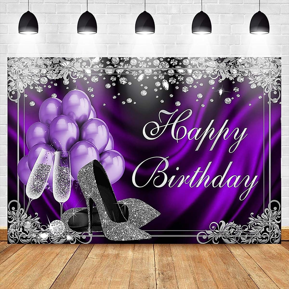 Mocsicka Purple Silver Birthday Backdrop for Women 7x5ft Purple Silver High Heels Balloons Birthday Photography Backdrops Sweet 16 Girl Birthday Party Decorations Photo Background