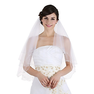 SAMKY 2T 2 Tier Scallop Edge Dangle Crystals Veil - White Fingertip Length 36" V025