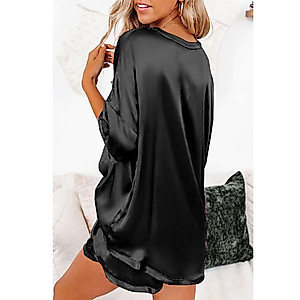 BEKOFO Women's Satin Silky Pajama Set Short Sleeve T-shirt With Shorts Set PJ Loungewear Brimaide Silk Lounge Sets Pajamas Gift for Wife Black X-Large
