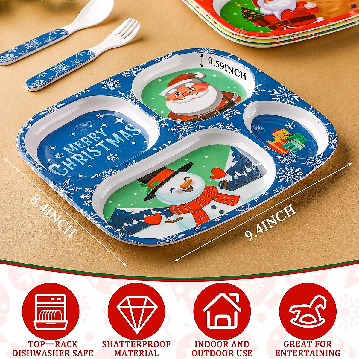 Hoolerry 4 Set Dinner Plate for Kids Boys Girls Dinnerware Divided Plates with Fork and Spoon Elk Shark Dinosaur Vehicle Excavator Unicorn Kids Dishes for Top Rack Dishwasher Safe(Cute)