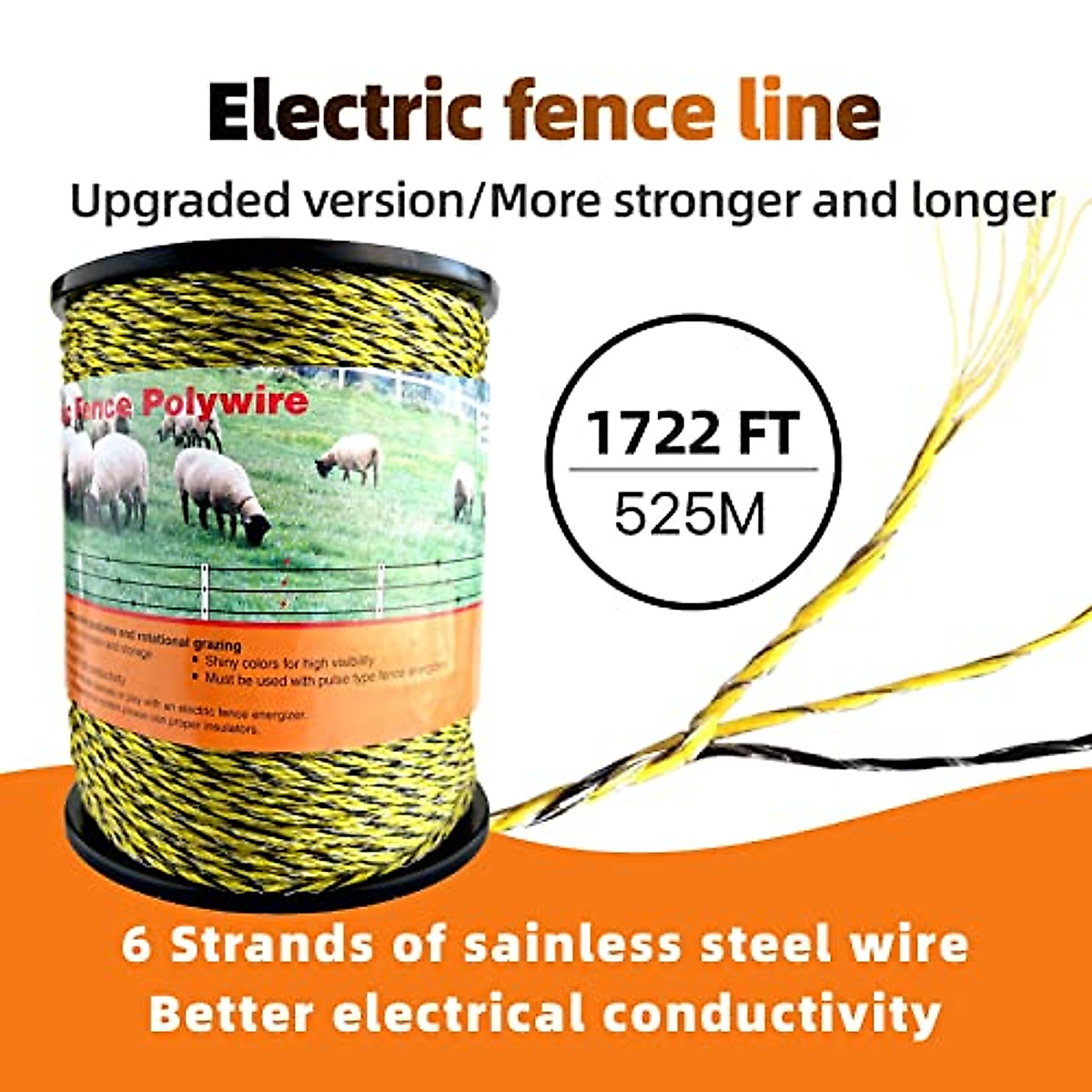 GGTYHAO Electric Fence Polywire Upgraded 1722 Feet，525 Meter，6 Stainless Steel Strands for Reliable Conductivity and Rust Resistance，Portable Electric Fence Rope