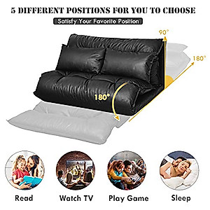 Giantex Convertible Sofa Bed, Floor Couch with 2 Pillows, PU Leather Loveseat Recliner, Folding Lazy Sleeper Sofa, 5 Position, Video Gaming Sofa Mattress for Reading Living Room Bedroom
