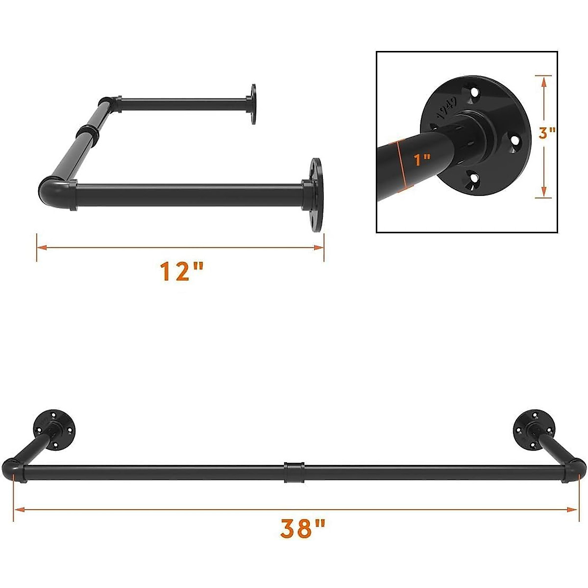 MY RUSTIC Industrial Pipe Clothing Rack, Rustic Pipe Hanging Rod for Closet Storage, Wall Mounted Multi Purpose Hanging Rod (Black, 38 Inch 2P)