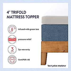 Best Price Mattress 4 Inch Trifold Memory Foam Mattress Topper with Cover, CertiPUR-US Certified, Queen,White