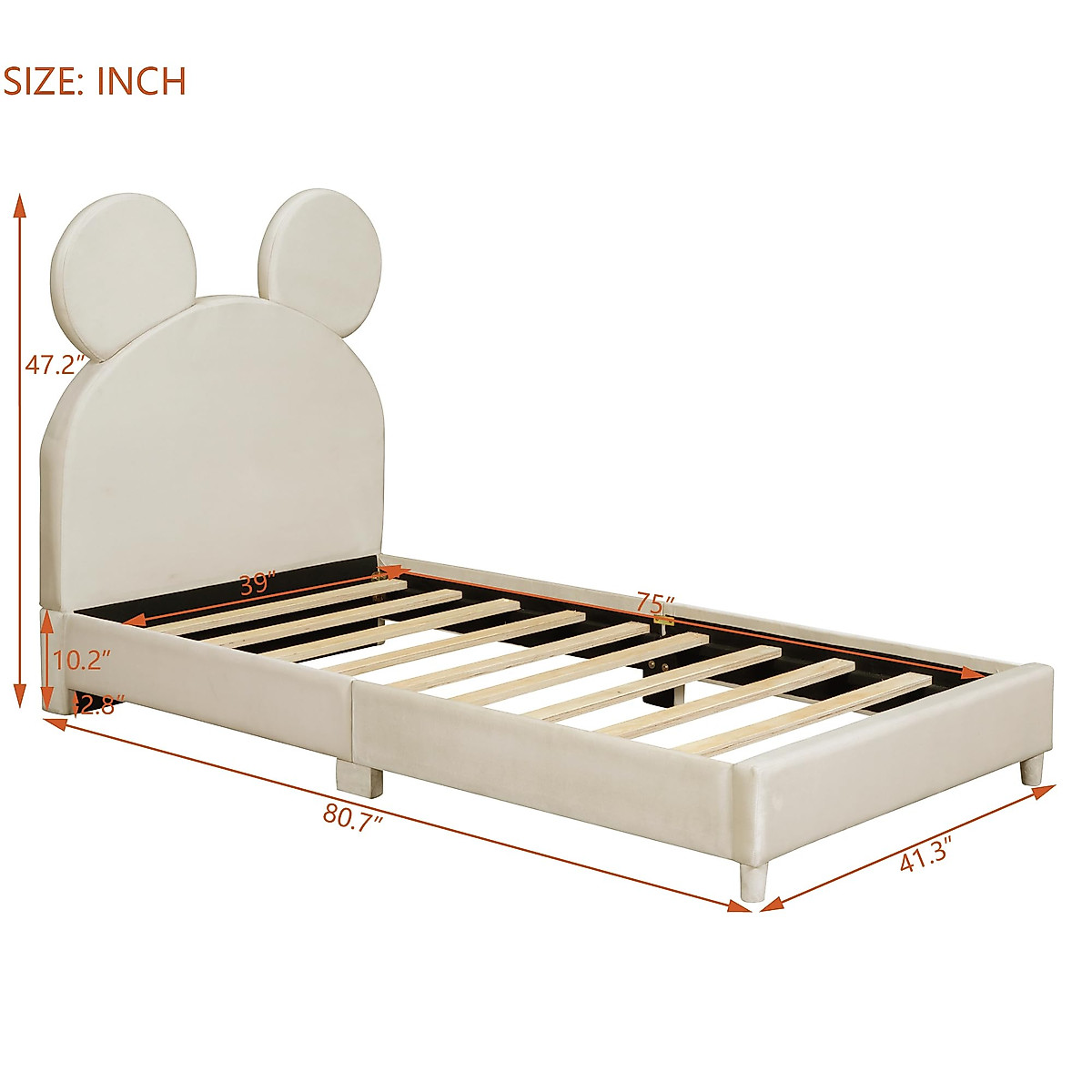 Harper & Bright Designs Twin Size Platform Bed with Bear Ear Shaped Headboard, Modern Velvet Upholstered Twin Bed Frame for Kids,Wood Twin Bed for Girls Boys, No Box Spring Needed, Beige
