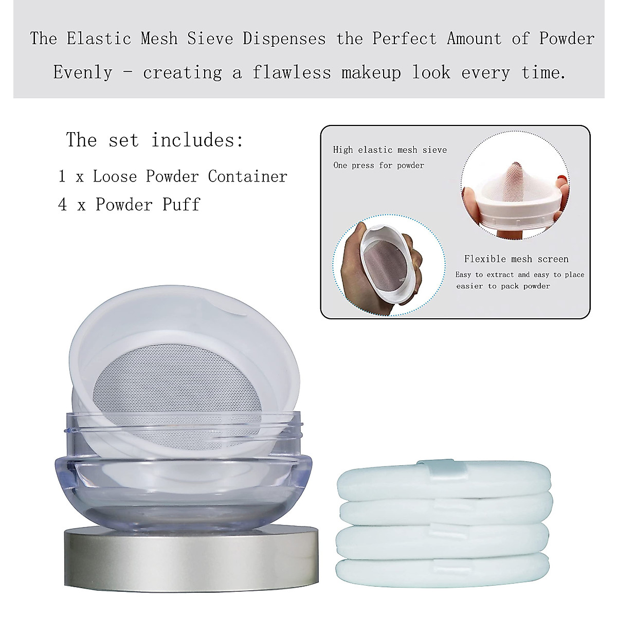Powder Puff, Loose Powder Containers, Reusable Empty Makeup Powder Container with Elasticated Net Sifter for Setting Powder, Face Powder, Loose Powder, ect, for Travel and Daily Use