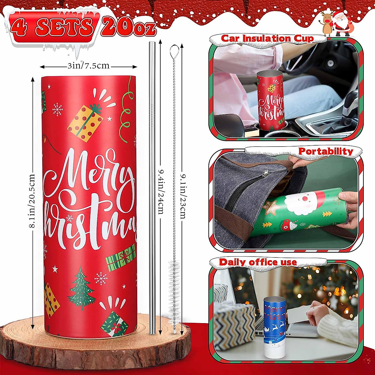 Mifoci 4 Pcs Christmas Skinny Tumblers Set 20 oz Christmas Stainless Steel Tumbler with Lid and Straw Christmas Double Insulated Cup Coffee Mug Tumbler Xmas Gift Set for Women Men Family, 4 Styles