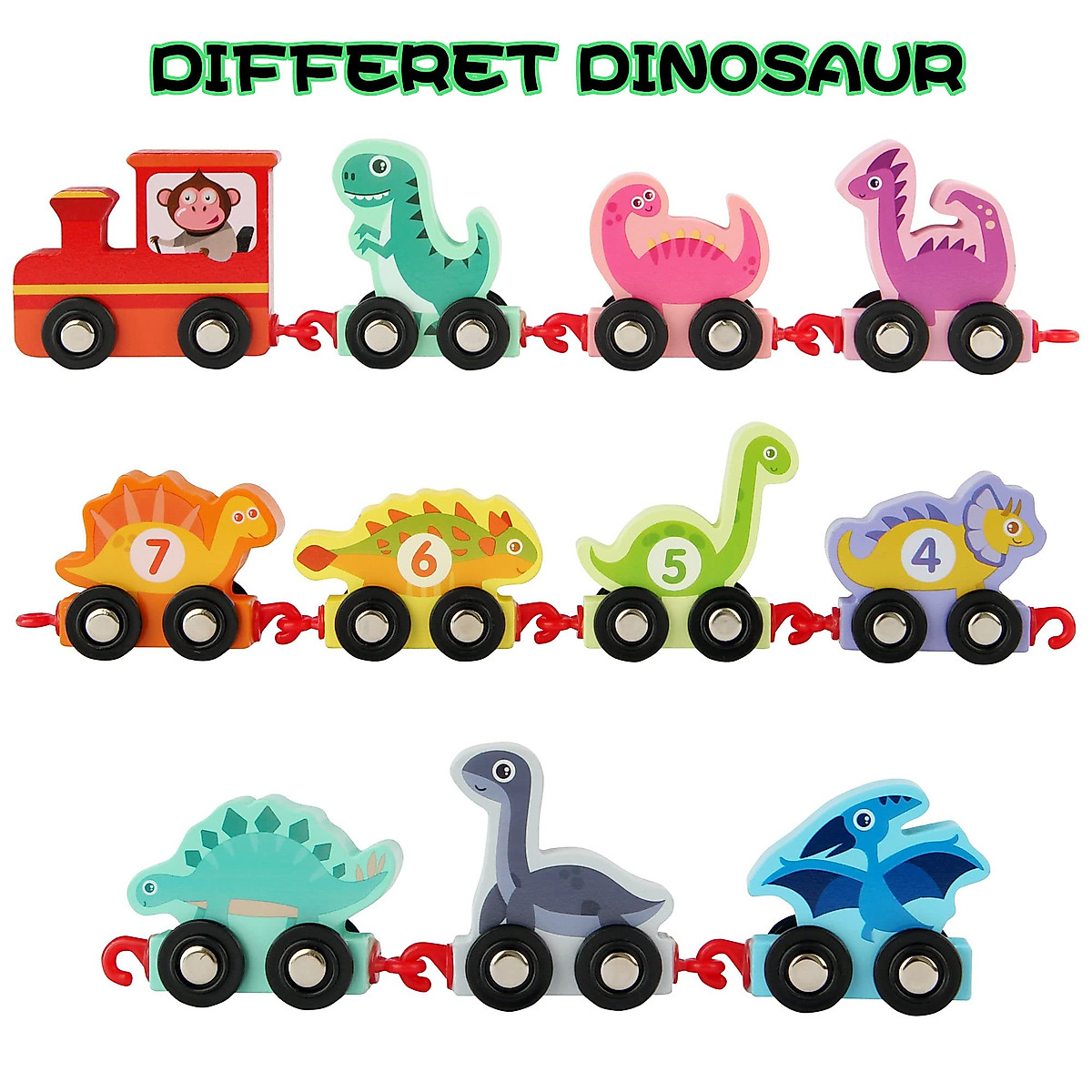 Toddler Dino Train Toys Dinosaur Number Train Set, Montessori Wooden Number Learning Cars with Handheld Balance Gift for Boys Girls, fit with Major Brands Wooden Tracks…