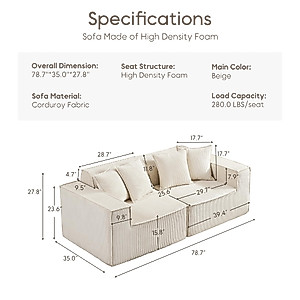 Yogald 78.74" Modern Minimalist Floor Loveseat Sofa, No Assembly Needed, Comfy Upholstered Small Couch, Compression Sofa for Living Room, Apartment, Studio, or Office (Corduroy Beige)