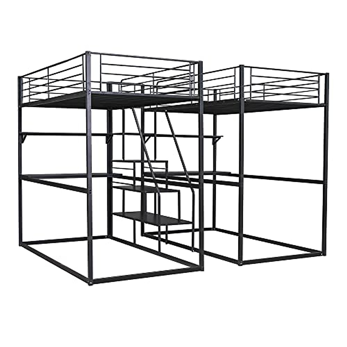 Merax Double Twin Over Twin Metal Bunk Bed with Shelves, and Storage Staircase, Metal Double Loft Bed Frame with Desk, Black