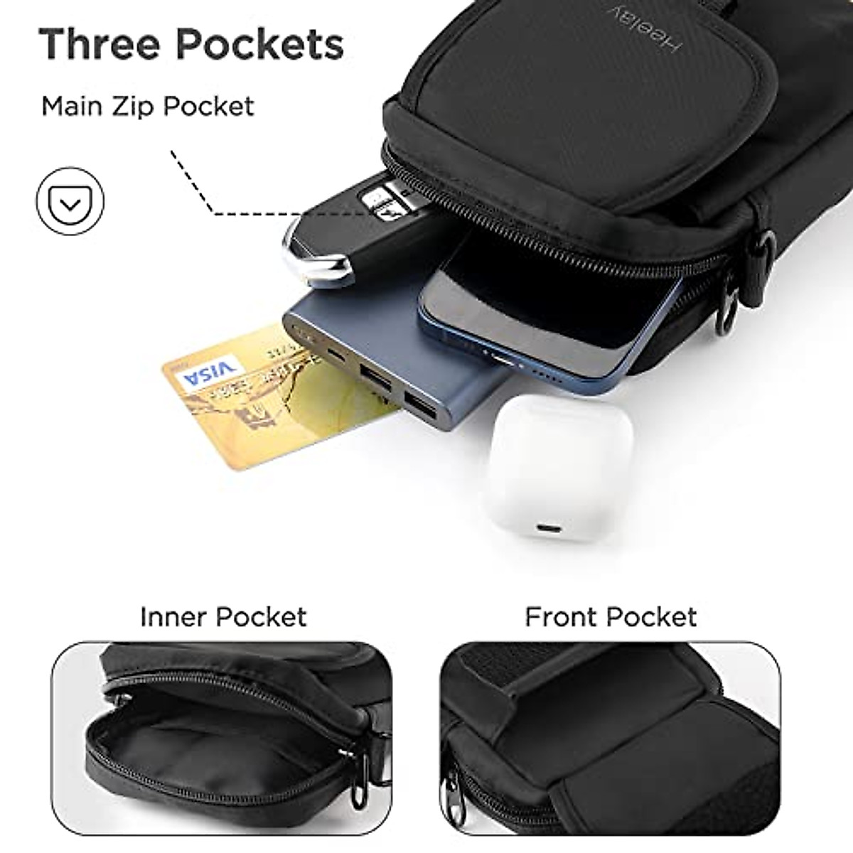 Heelay Shoulder Travel Crossbody Side Bag with Arm Band,Fits iPhone and Android,Use for Running, Walking, Hiking & Biking 6.7 * 4.7In (Black)