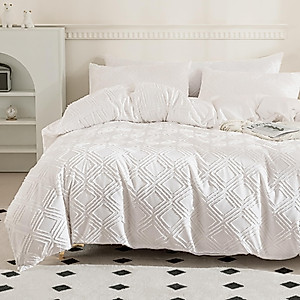 JELLYMONI White Duvet Cover Queen Size - 3 Pieces White Boho Grid Textured Bedding Cover Soft Lightweight Comforter Cover with Zipper Closure & 8 Corner Ties (Nature White,Queen)
