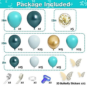 Teal Balloons Garland Arch Kit, 148Pcs Dark Teal Tiffany Blue Turquoise Metallic Gold Balloon with 12Pcs Gold Butterfly Stickers for Birthday Baby Bridal Shower Wedding Party Backdrop Decorations