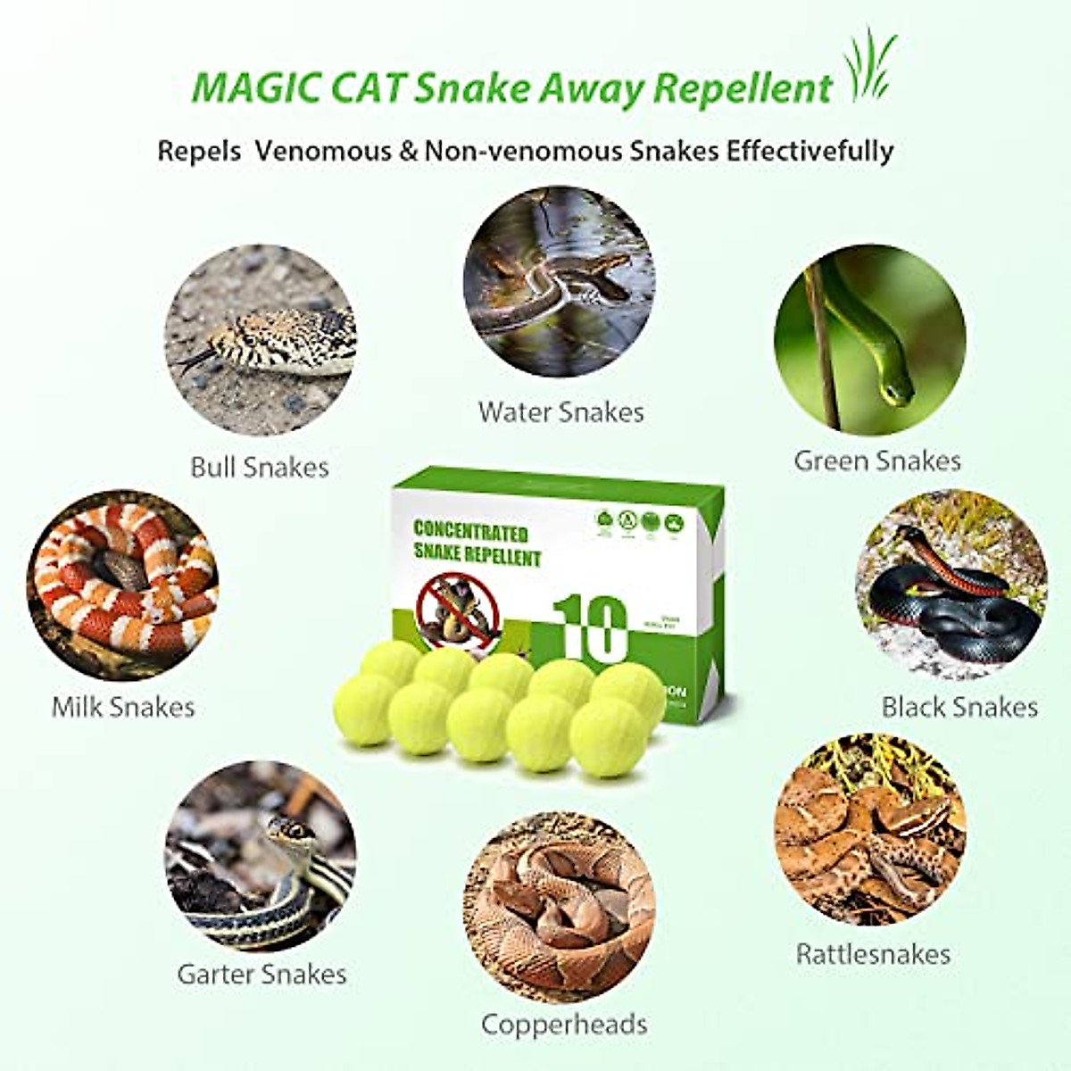 MAGIC CAT 10 Pack Snake Repellent for Yard Powerful, Snake Away Repellent Pet Safe for Yard Lawn Garden Camping Fishing, Natural Plant Formula Repellent Balls for Outdoor & Indoor Snake Control