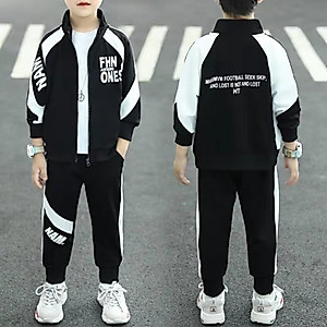 YEAHDOR Kids Boys 2 Piece Tracksuit Set Long Sleeve Hoodies Sweatshirt and Sweatpants Outfit Sport Athletic Activewear Black & white 7-8 Years