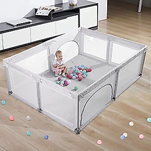 Calody Baby Playpen, Playpen for Babies, Extra Large Play Yard for Infants Toddlers, Indoor Safety Kids Activity Center, Anti Fall Baby Fence with Window Gates(79x59x27 Inches, Grey)