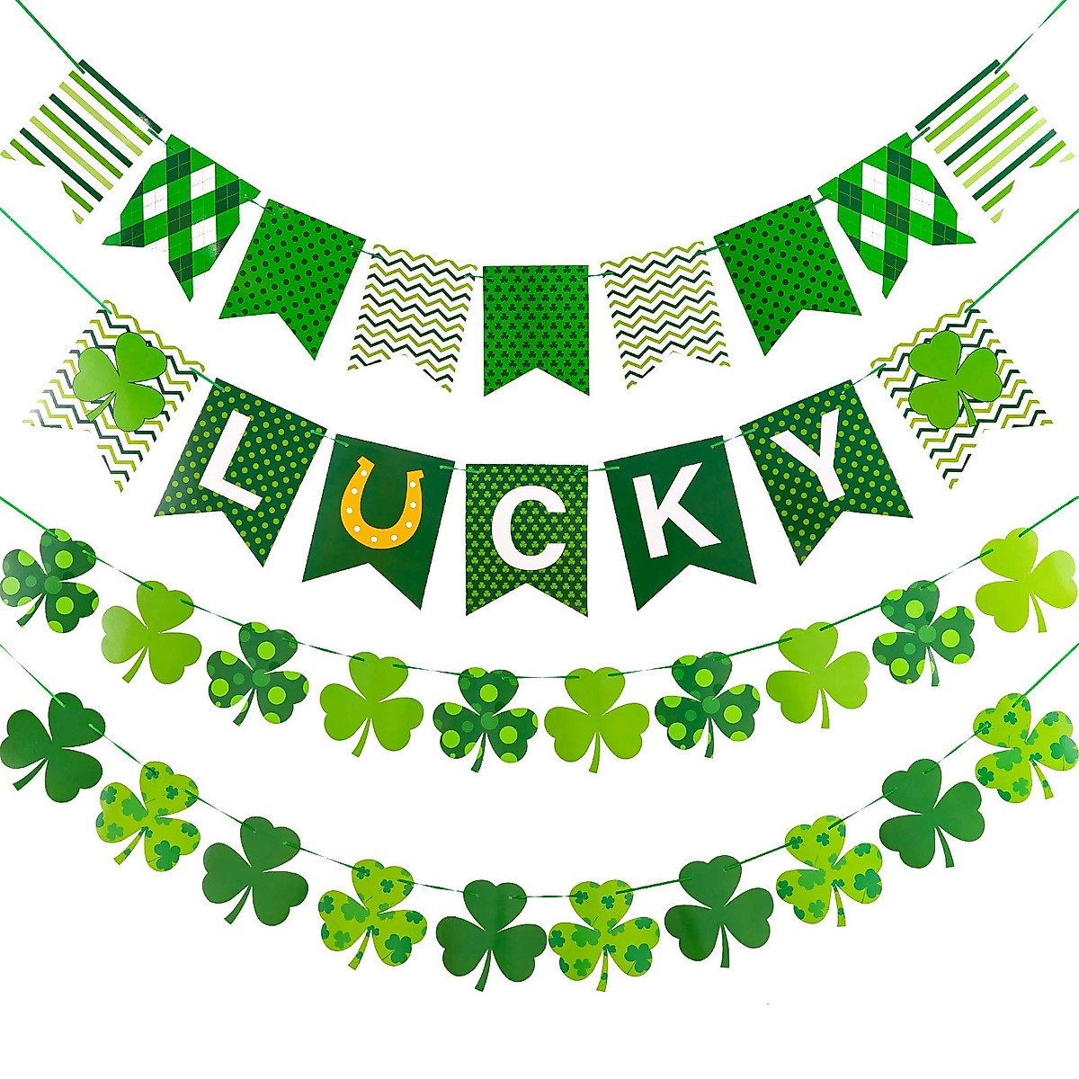 Whaline 4pcs St. Patrick's Day Banner Decoration Pre-Assembled Cartoon Holiday Flag Garland Double-Sided Green Lucky Shamrock Clover Banner Spring Irish Home Party Supplies