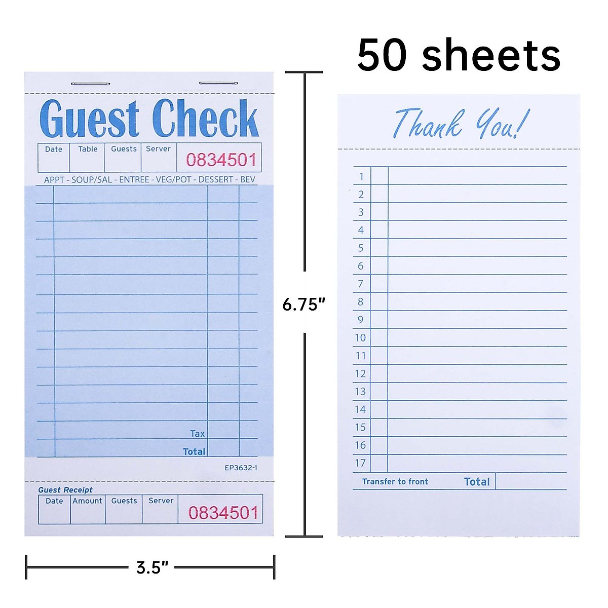 ESSENTIAL Guest Check Books 3.5" x 6.75", 500 Sheets Server Note Pads and Waitress Order Books with Bottom Receipt (10 Books)