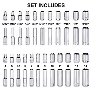 Mayouko 62 Pieces 1/4 Inch Drive Socket Set, SAE/Metric, 1/4" Dr. Socket Set with Ratchet and Adapters, 5/32-Inch - 9/16-Inch, 4mm - 14 mm