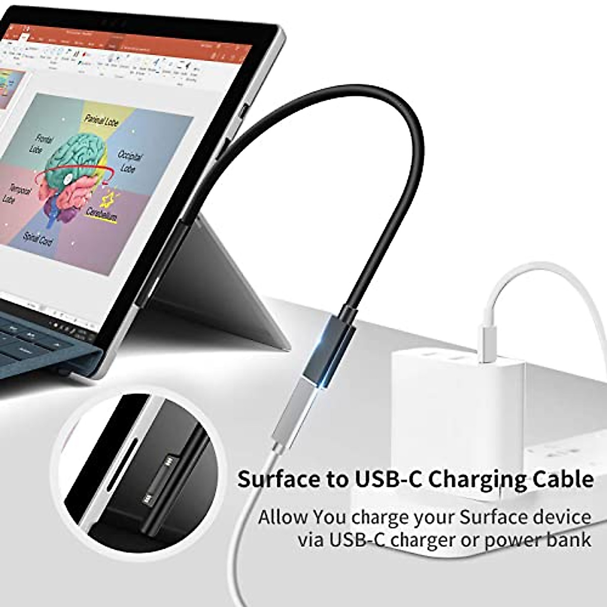 Sisyphy Nylon Braided Surface Connect to USB-C Charging Cable Compatible for Microsoft Surface Pro7 Go2 Pro6 5/4/3 Surface Laptop Book,Works with 45W 15V3A USBC Charger and 3A USBC Cable - 0.2 Meters