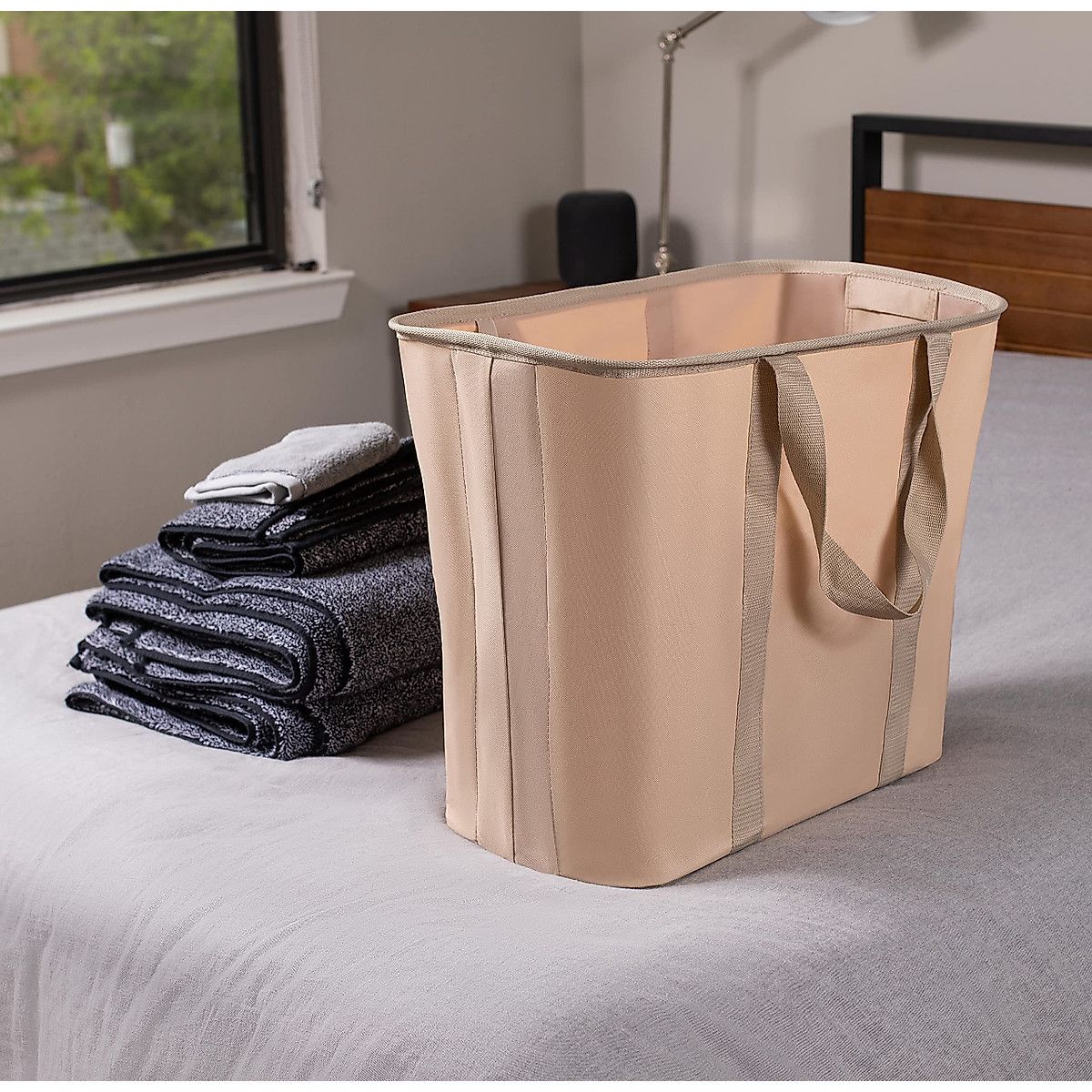 BIRDROCK HOME 75L Collapsible Laundry Basket Caddy - Natural - XL Foldable Tote Bag for Dirty Clothes - Strong Handles - Durable Fabric - Water Resistant - Lightweight