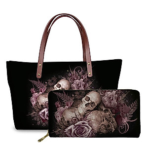 JEOCODY Mexican Day of the Dead Pink Flower Skull Tote Bag Skeleton Floral Casual Shoulder Bag Shopping Handbag Women Long Travel Wallet Phone Clutch Card Holder Purse Gift for Girls 2 Pieces