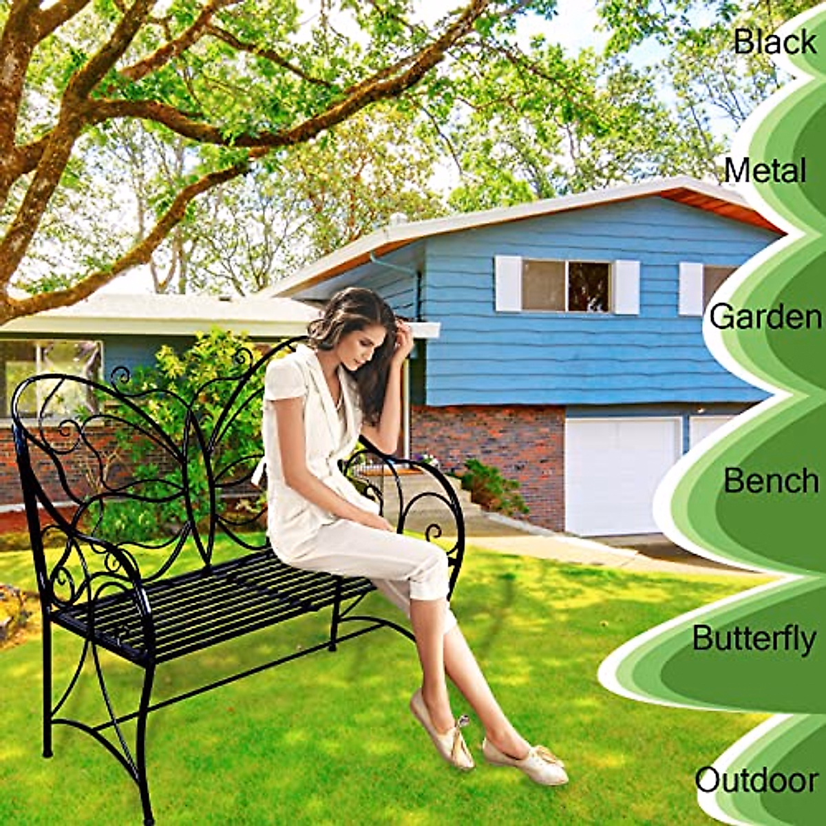 HLC Outdoor Bench Patio Outdoor Garden Bench Butterfly Cast Iron Metal with Armrests for Garden, Park,Yard, Patio, Porch, Lawn Double Seats Black