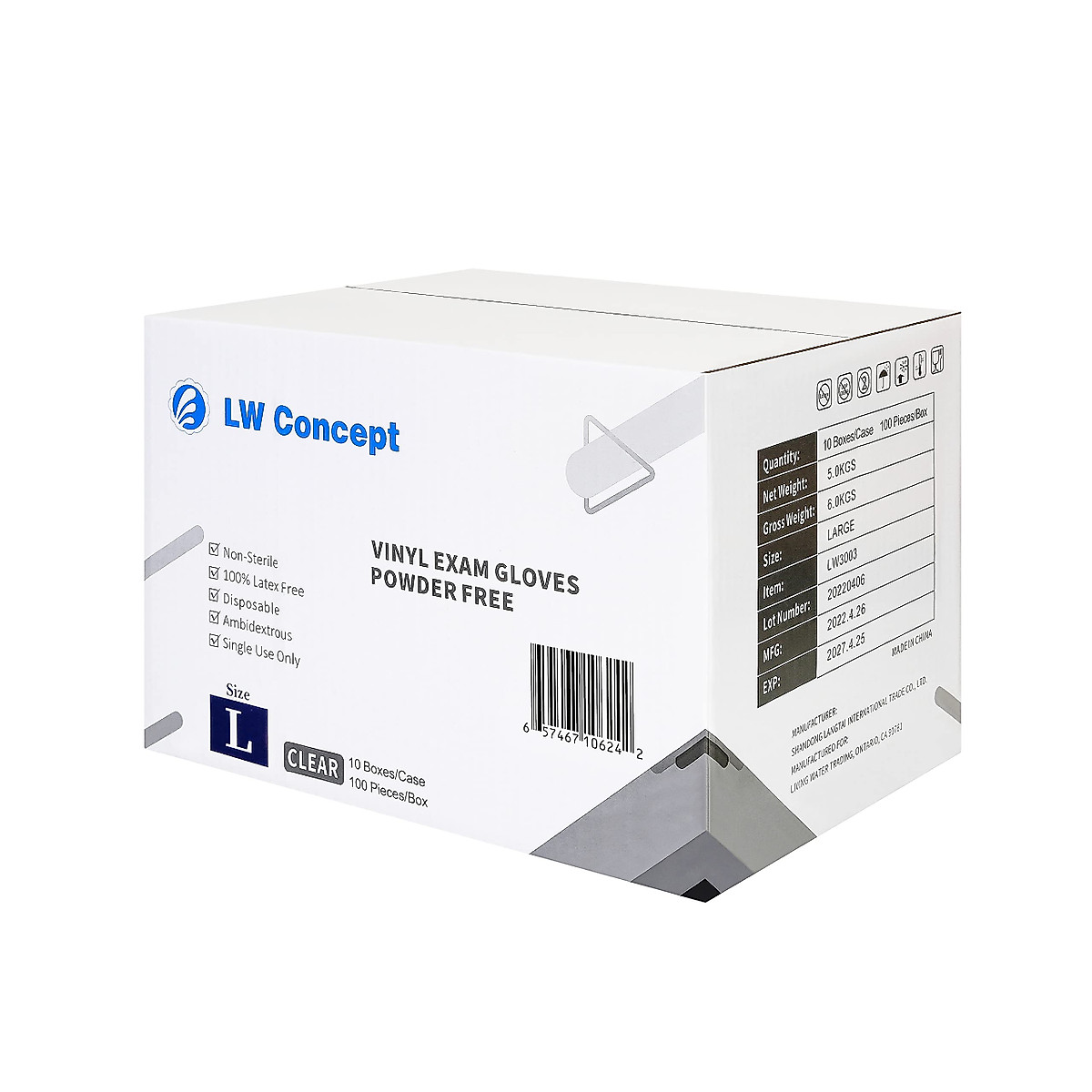 LW Concept Clear Vinyl Exam Gloves for Medical/Food Safe/Cleaning/Handling Use Multipurpose Latex & Powder Free, 3.5 mil (LW3003, Large, Case of 1000)