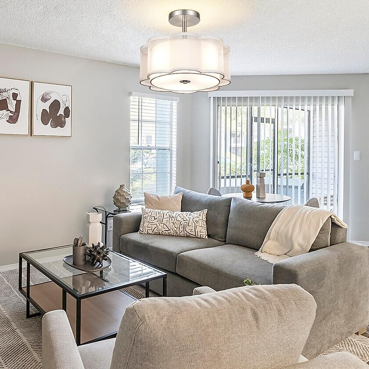 FRIDEKO HOME 3-Light Semi Flush Mount Ceiling Light Fixture Bedroom Light Fixtures with Double Fabric Shade Modern Close to Ceiling Lamps for Living Room Dining Room Kitchen Hallway Entry Foyer