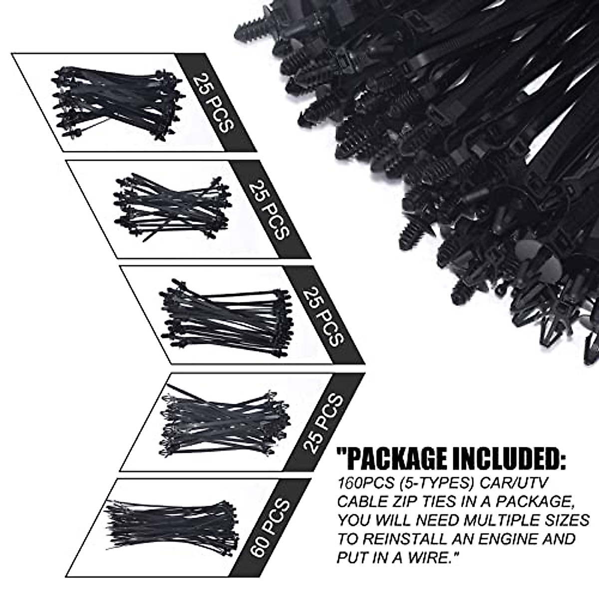 160Pcs Universal Nylon Push Mount Cable Zip Tie,Nylon Self Locking Cable Strap,Heavy Duty Nylon Push Mount Self Locking UV Resistant,5 Most Popular Sizes,for Indoor Wire Tying Construction Auto ect