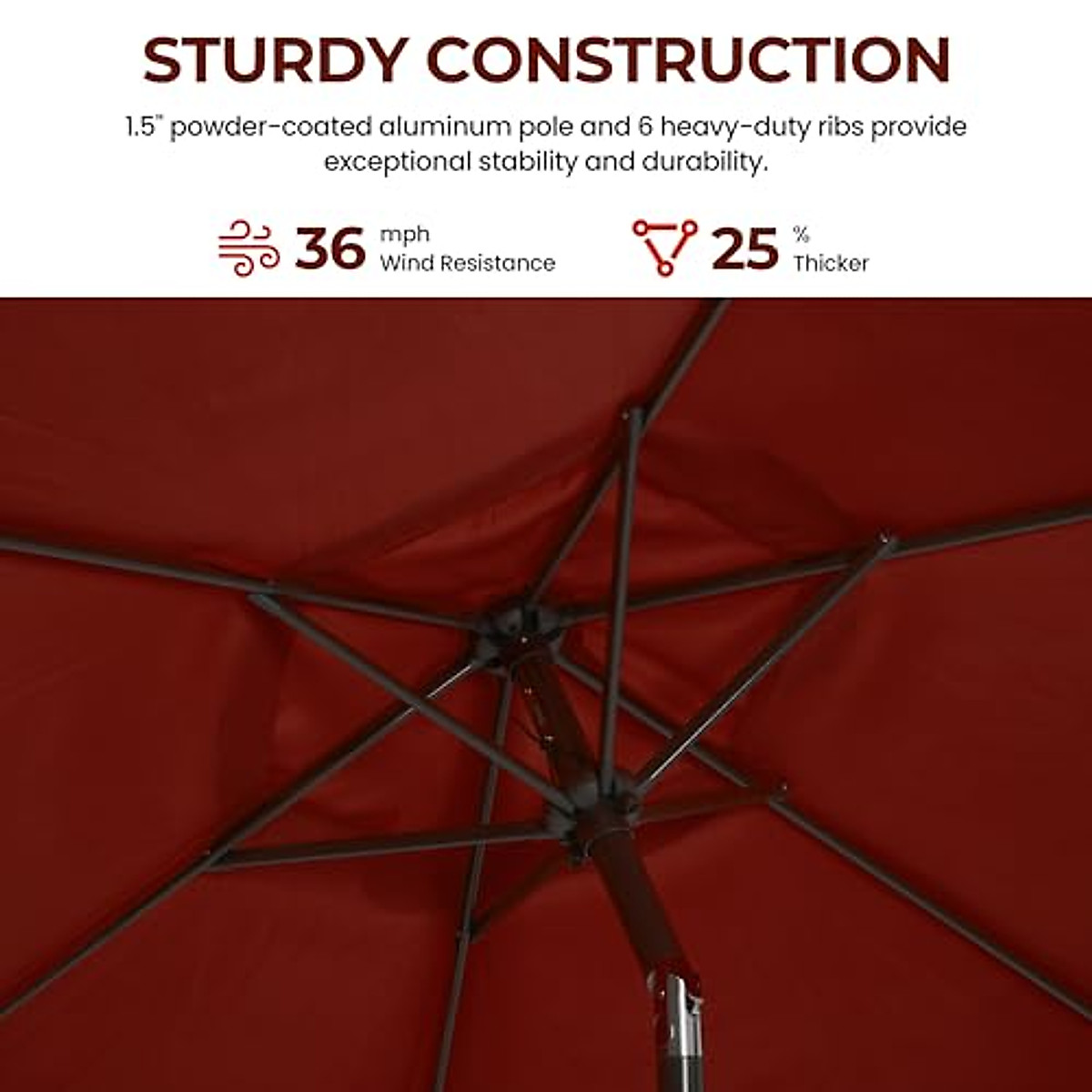 SUNVIVI OUTDOOR 7.5' Outdoor Patio Umbrella, Patio Umbrella, Market Umbrella, Luxury Aluminum Pole Umbrella with Push Button Tilt and Crank, 6 Ribs, Polyester Canopy, Red