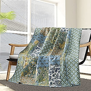 NEWLAKE Cotton Quilted Throw Blanket for Bed Couch Sofa, Reversible Matelasse Blanket with Real Stitched Embroidery,Green Farmhouse Garden,60X78 Inch