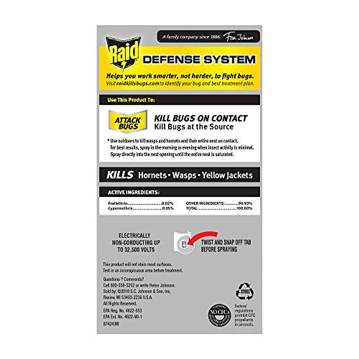 Raid Wasp and Hornet Killer Spray, Kills the entire nest, Kills Paper Wasps, Yellow Jackets, Mud Daubers and more, 14 oz