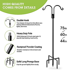 Double Shepherds Hooks for Outdoor, Heavy Duty Bird Feeder Pole with 5 Prong Base, Adjustable Shepards Hook for Outside, Garden, Weddings, Hanging Plant, 2 Pack