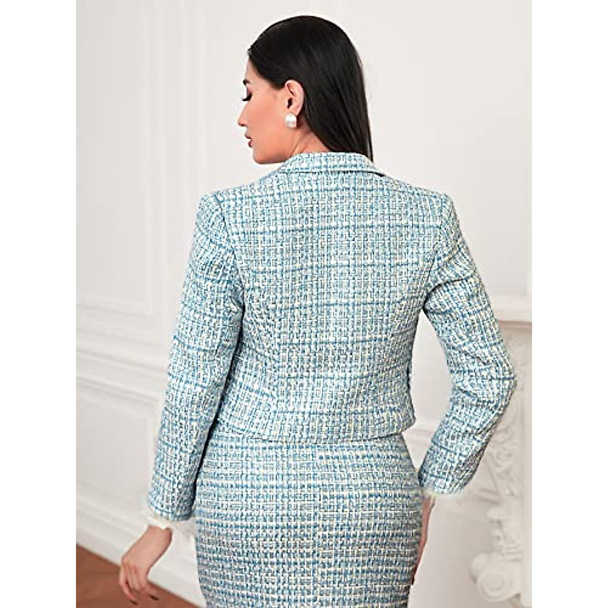 WePurchase Plaid Lapel Collar Fuzzy Cuff Single Button Tweed Overcoat (Color : Mint Blue, Size : Medium)