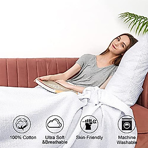 PHF 100% Cotton Waffle Weave Throw Blanket 50" x 60"-Lightweight Washed Soft Breathable Blanket for Adults and Kids-Perfect Blanket Layer for Couch Bed Sofa-Elegant Home Decoration- White