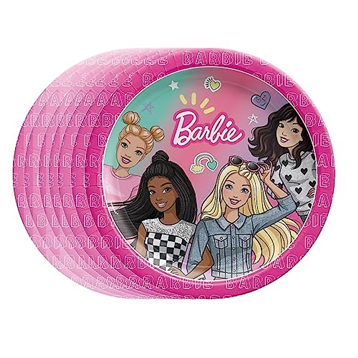Barbie Party Supplies Bundle includes 24 Dessert Cake Paper Plates and 1 Dinosaur Sticker Sheet