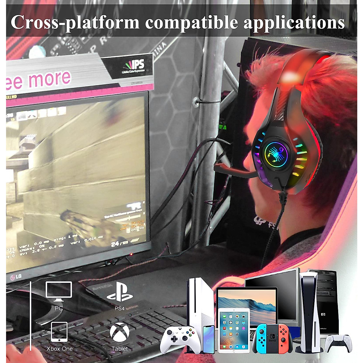 SVYHUOK Pro Gaming Headset for PC PS4 Xbox One Surround Sound Over-Ear Headphones with Mic LED Light Bass Surround Soft Memory Earmuffs for Computer Laptop Switch Games Kid’s Boy’s Teen’s Gifts