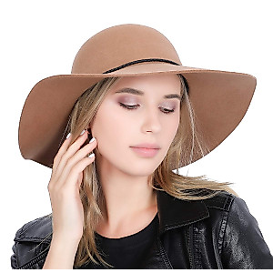 Lanzom Women Lady Retro Wide Brim Large Floppy Panama Hat Belt Wool Fedora Hat (Khaki, One Size)
