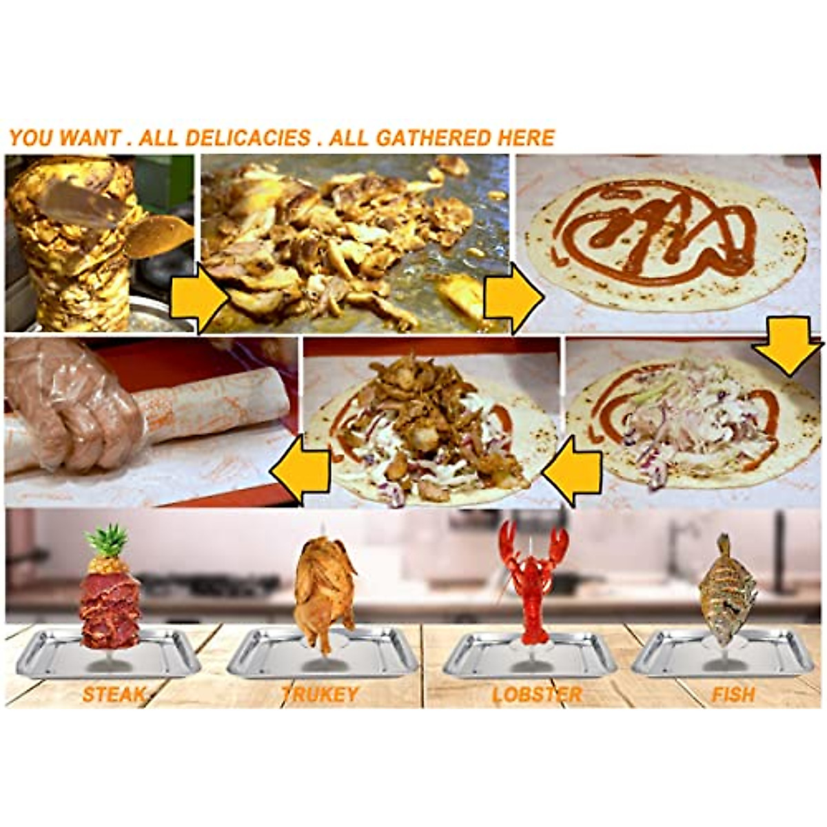 Stainless Steel Vertical Skewer for Barbecue Grill, For Tacos Al Pastor, Shawarma, Brazilian Churrasco, Removable Grilling Rack Meat Spit (With Bakeware)